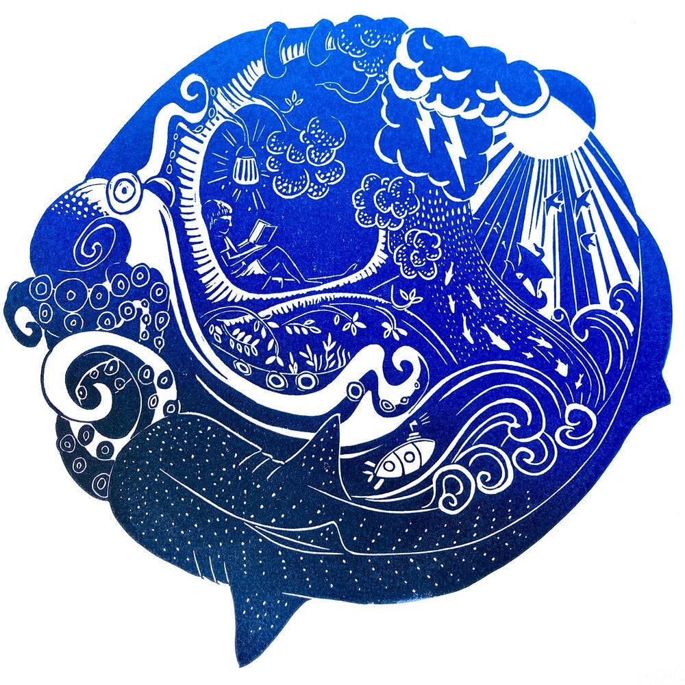 The Bookworm limited edition linoprint by Dorset printmaker Rebecca ...