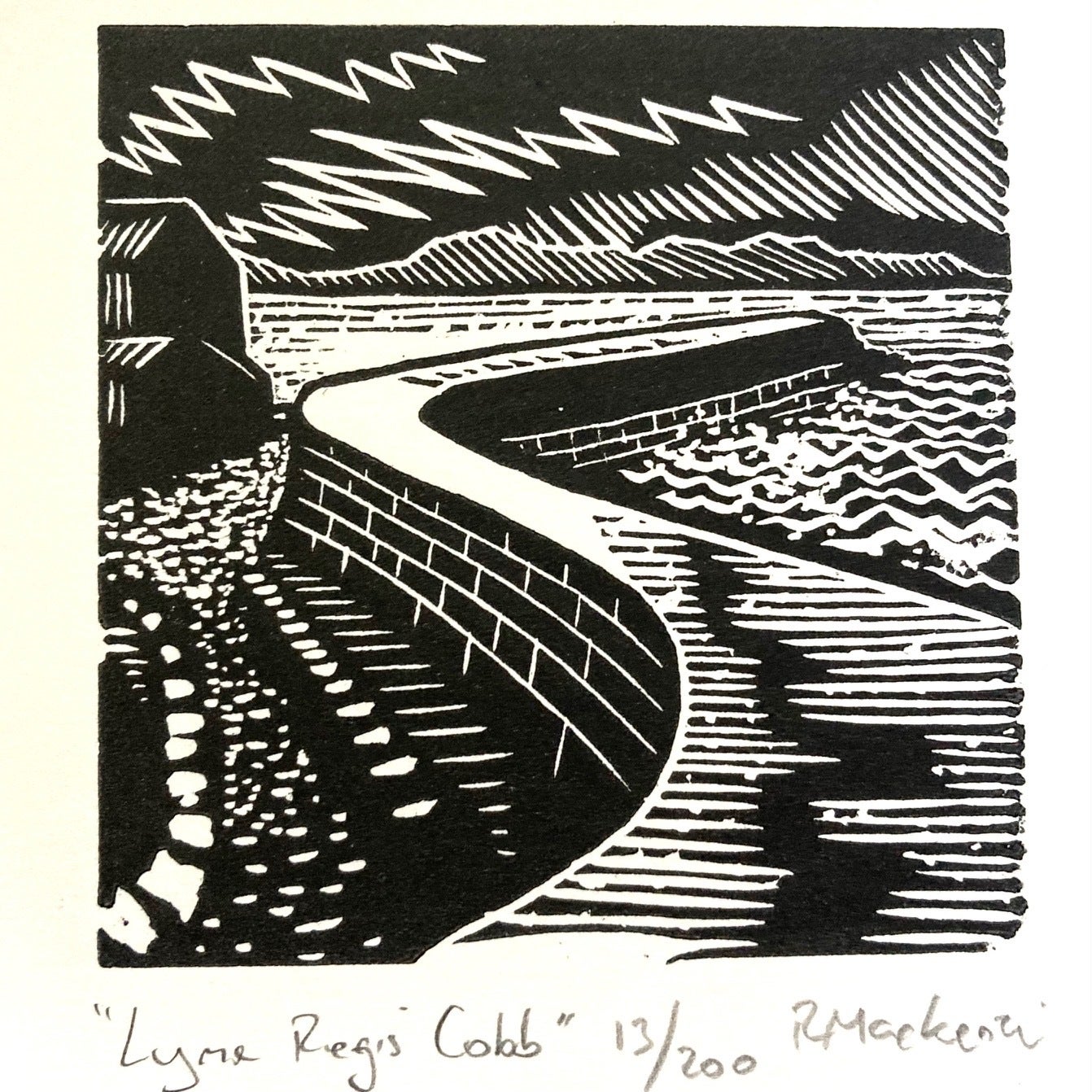 Limited edition linocut of the Cobb at Lyme Regis by Dorset printmaker ...